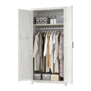 LUXOAK 70" Large Armoire Wardrobe Closet with Hanging Rod, Farmhouse Clothing Storage Cabinet with 2 Barn Doors, Wooden Tall Bedroom Armoires with Shelf, Distressed White