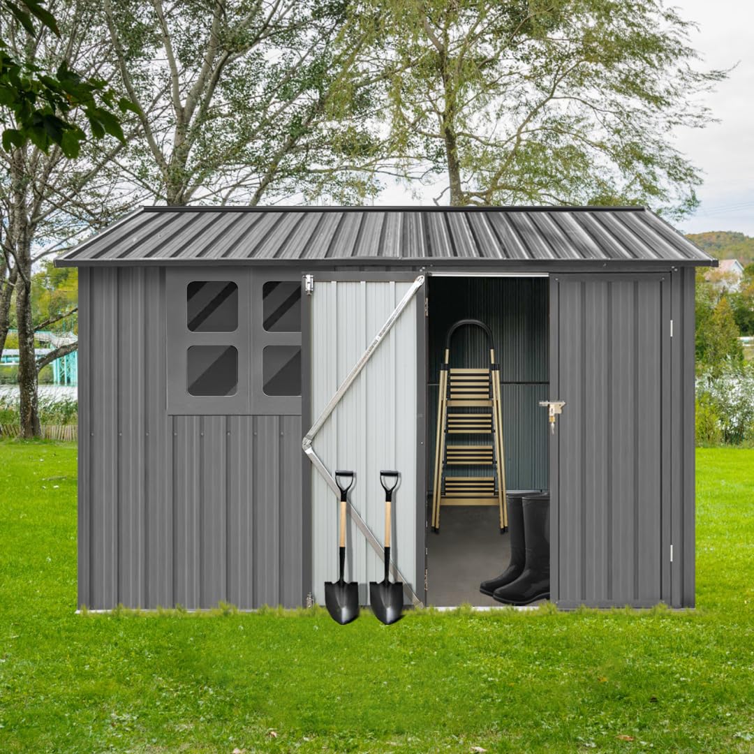 8x6 FT Metal Outdoor Storage Shed, Weather Resistant Tool Shed with Lockable Door, Vents & Window, Organization for Home/Backyard/Garden Tools/Lawn Mower/Bike Storage, Grey