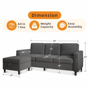 Sectional Sofa Couches for Living Room - 78'' Dark Grey 3 Seat L-Shaped Couch with Storage Ottoman, Modern Linen Convertible Sectionals Sofas with Chaise for Apartment, Office, Small Space