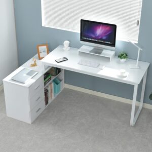 MaverickFurni White Desk with Drawers, 55 Inch White L Shaped Desk with 3 Drawers, Computer Desk with Monitor Stand, White Home Office Sturdy Desk with Storage for Bedroom