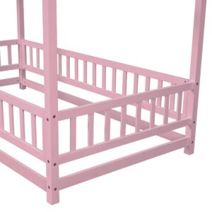 Twin Size House Bed Frame for Kids,Wooden Montessori Floor Bed with Fence and Roof,Floor Bed Frame Twin Size, Twin Bed Frame for Girls,Boys(Twin,Pink)