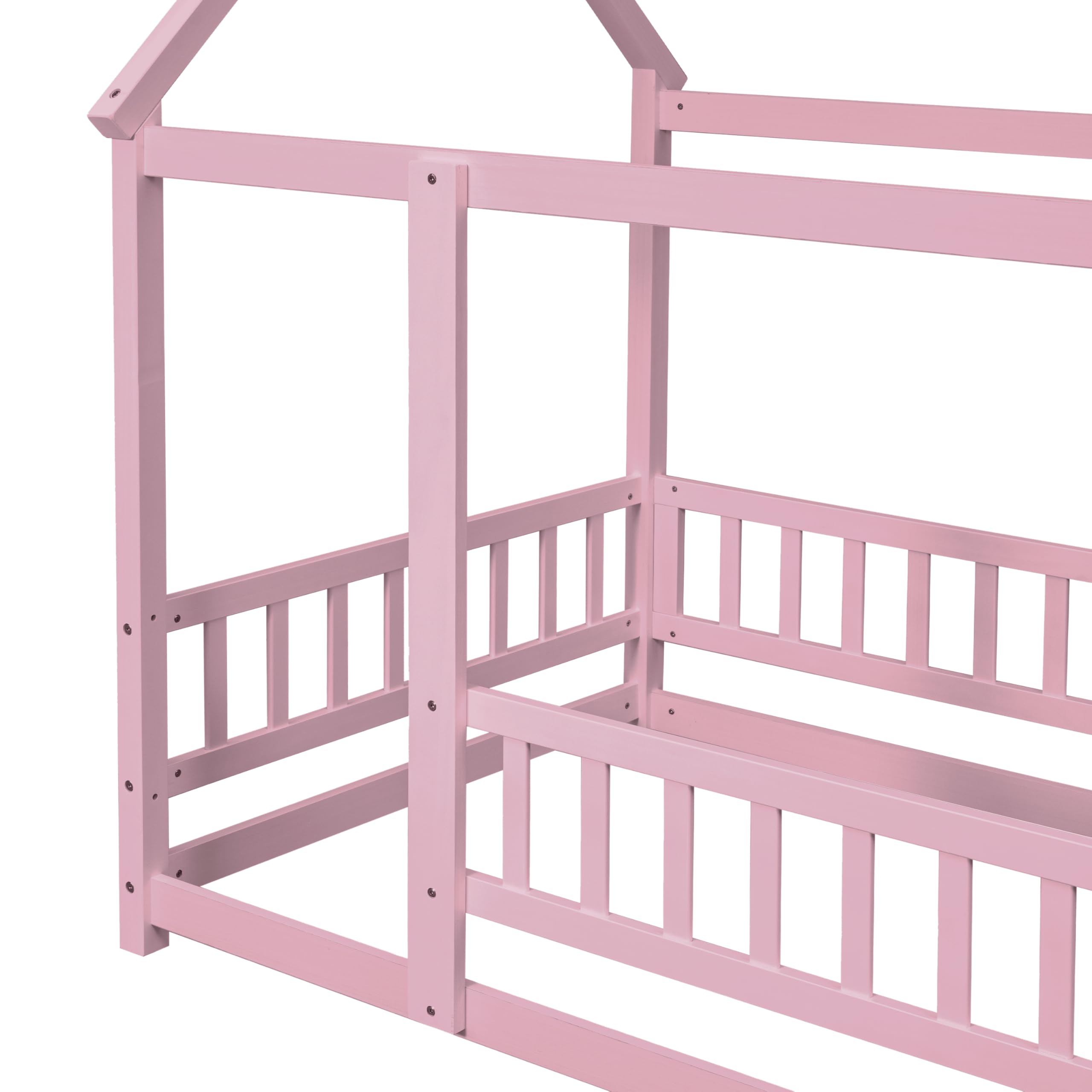 Twin Size House Bed Frame for Kids,Wooden Montessori Floor Bed with Fence and Roof,Floor Bed Frame Twin Size, Twin Bed Frame for Girls,Boys(Twin,Pink)