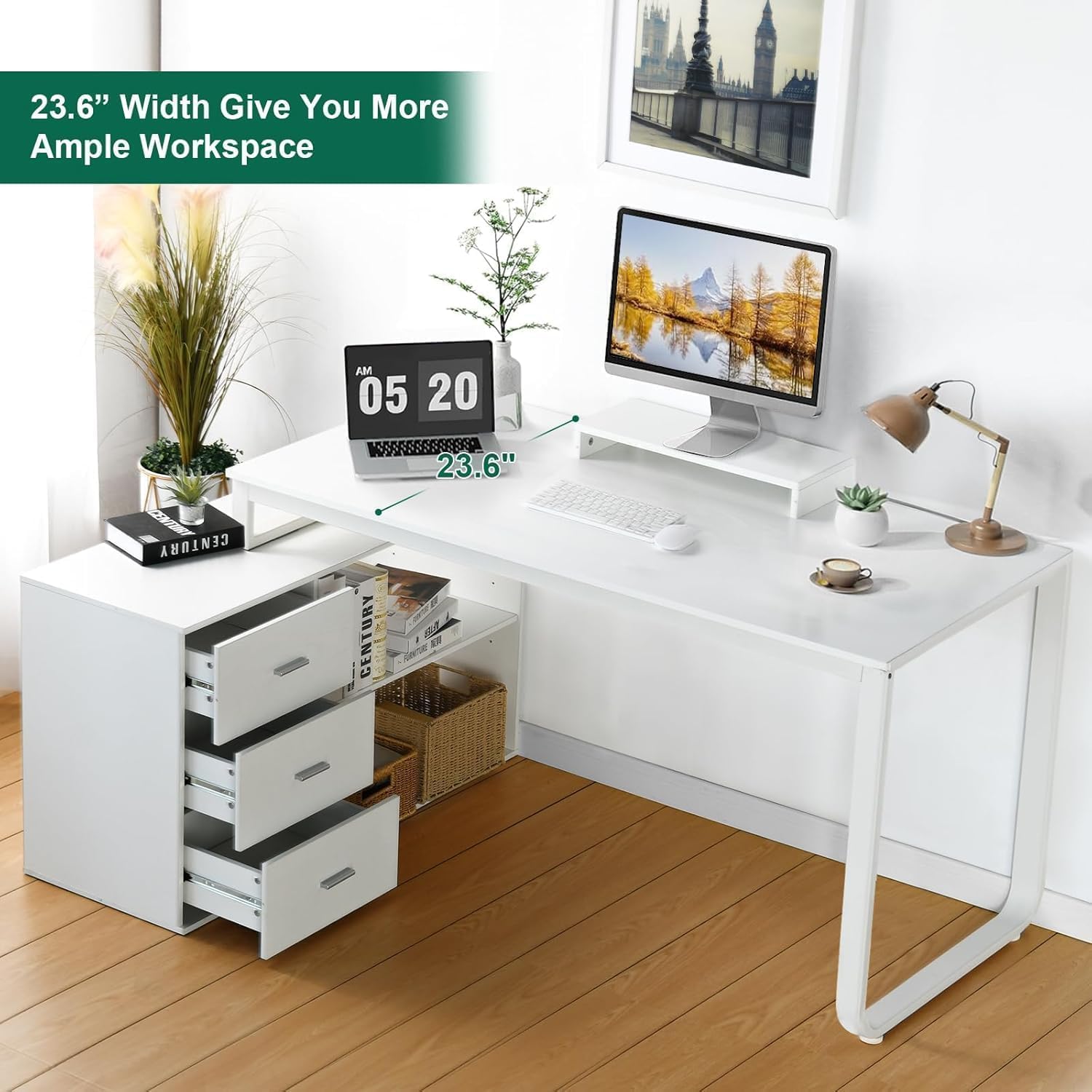 MaverickFurni White Desk with Drawers, 55 Inch White L Shaped Desk with 3 Drawers, Computer Desk with Monitor Stand, White Home Office Sturdy Desk with Storage for Bedroom