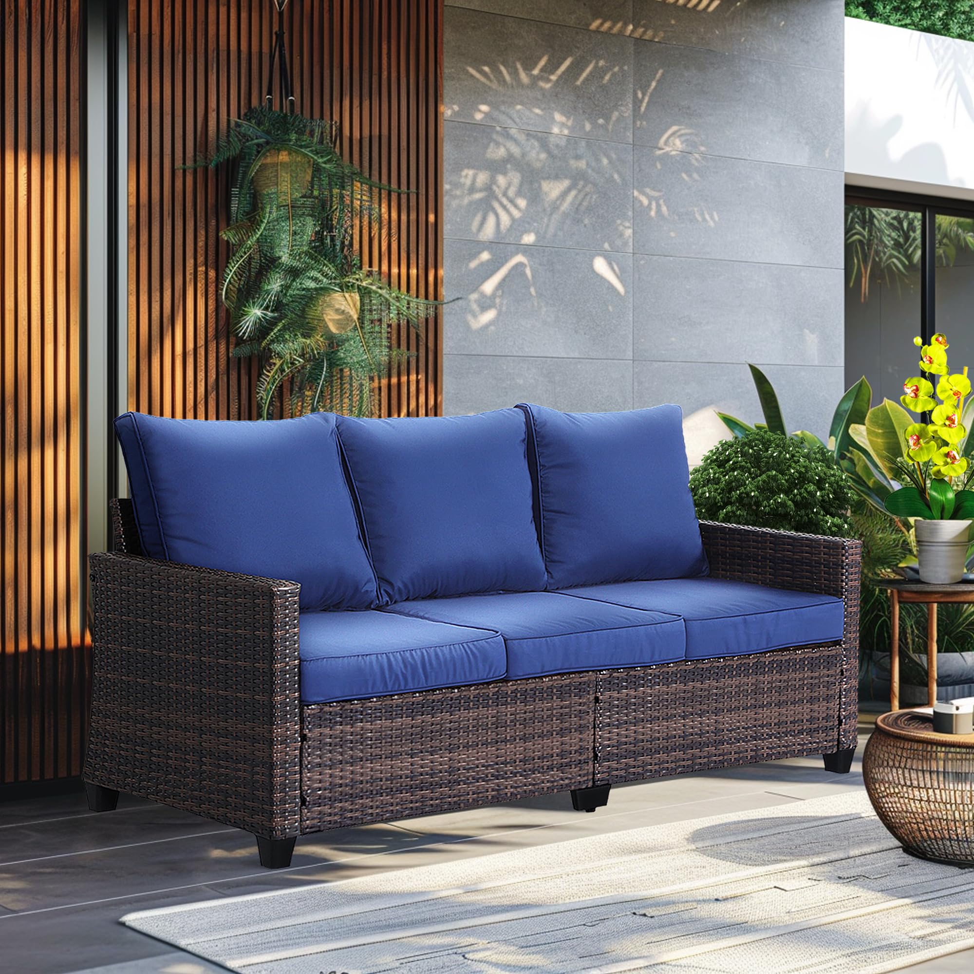 EortheX Patio Furniture Set, 3-Seat Outdoor Patio Couch Furniture Patio Wicker Sofa, All Weather Rattan Wicker Porch Furniture Anti-Slip Cushion