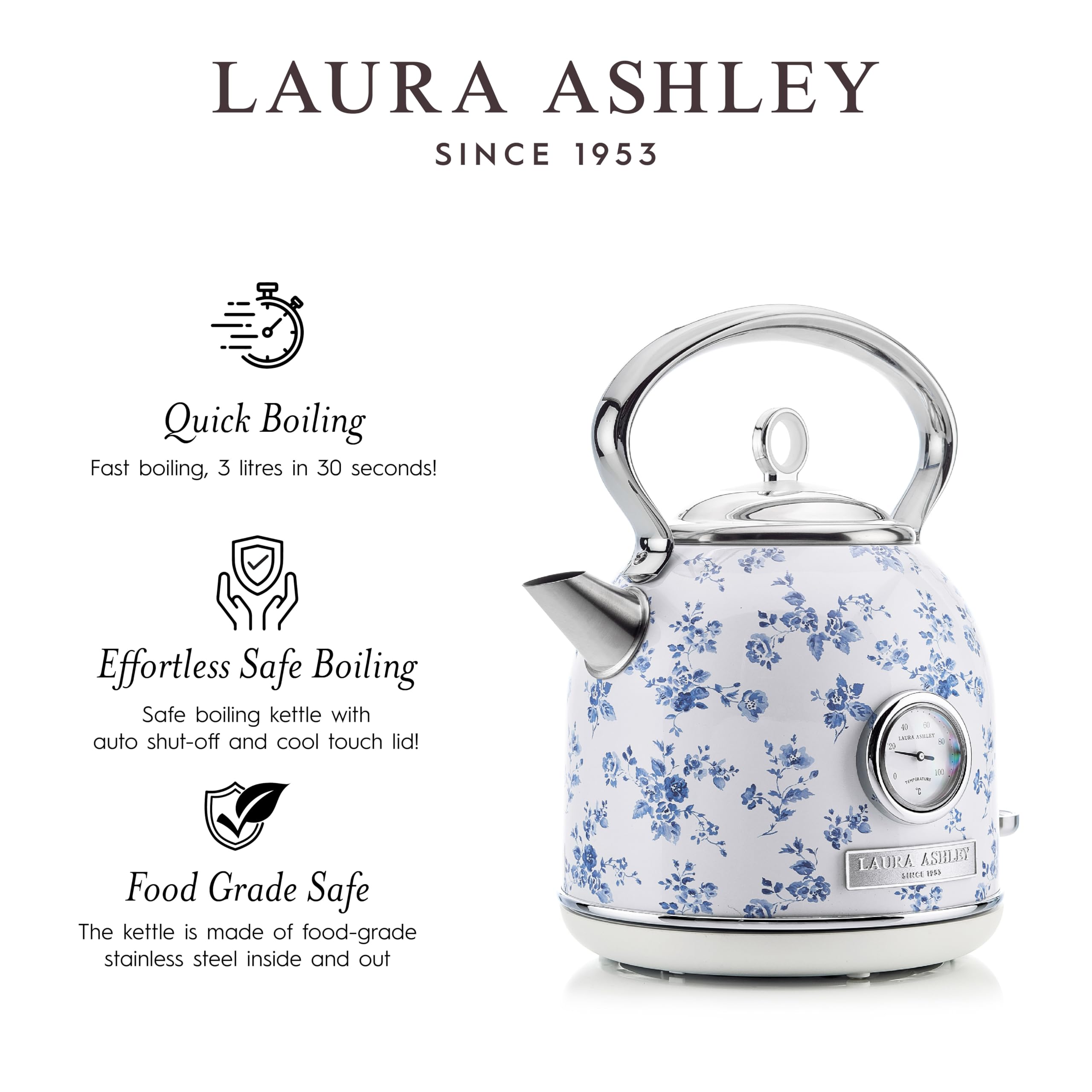 Laura Ashley Stainless Steel Electric Kettle 1.7 Liter - 1500W Rapid Boil Electric Kettles for Boiling Water - Electric Tea Kettles Automatic Shut Off - Overheat & Boil Dry Protection Cordless Kettle