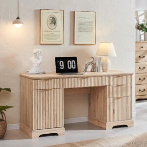 jxqtlingmu 58" modern executive desk with storage, wood home office desk with 5 drawers & 1 cabinet, fluted computer writing desk for study, living room, bedroom, natural oak