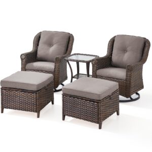 outdoor wicker furniture set for patio - 5 piece outside rattan conversation bistro dining chair sets with rocking swivel chairs, ottomans and side table for porch yard balcony – brown/grey