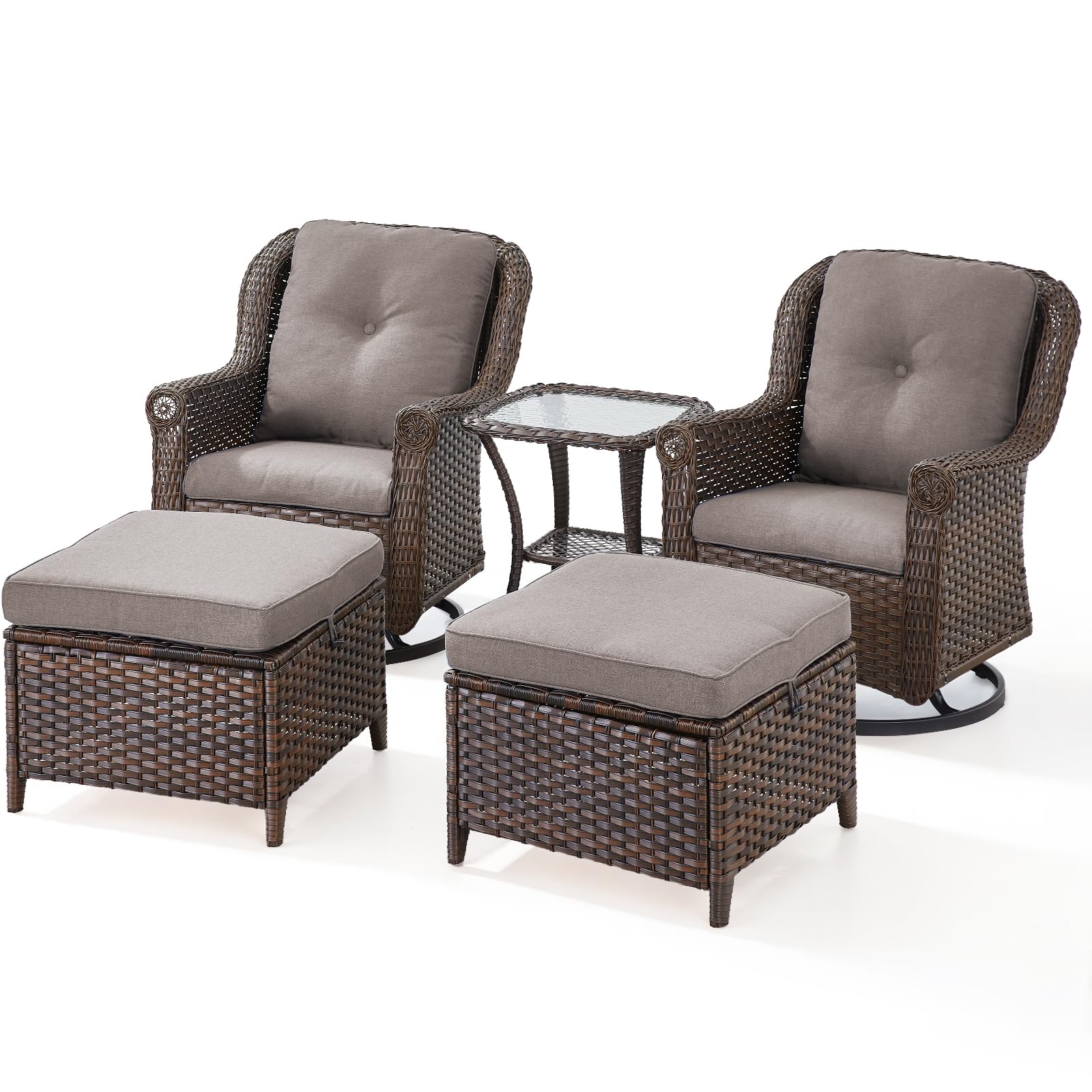 Outdoor Wicker Furniture Set for Patio - 5 Piece Outside Rattan Conversation Bistro Dining Chair Sets with Rocking Swivel Chairs, Ottomans and Side Table for Porch Yard Balcony – Brown/Grey