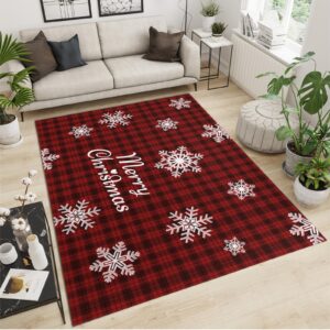 Rug 3x5, Merry Christmas Rug, White Falling Snow with Red Buffalo Check Holiday Season Classic Art Printed Washable Rugs, Soft Breathable Short Pile Comfy Non-Slip Rug for Living Room