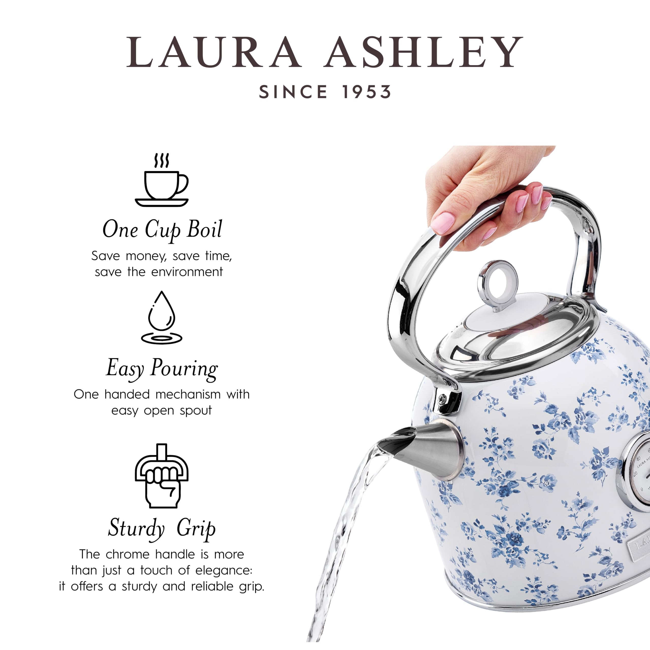 Laura Ashley Stainless Steel Electric Kettle 1.7 Liter - 1500W Rapid Boil Electric Kettles for Boiling Water - Electric Tea Kettles Automatic Shut Off - Overheat & Boil Dry Protection Cordless Kettle