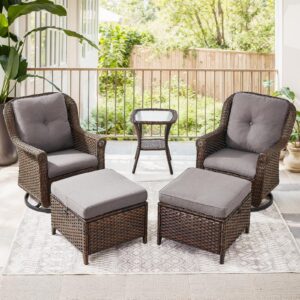 Outdoor Wicker Furniture Set for Patio - 5 Piece Outside Rattan Conversation Bistro Dining Chair Sets with Rocking Swivel Chairs, Ottomans and Side Table for Porch Yard Balcony – Brown/Grey