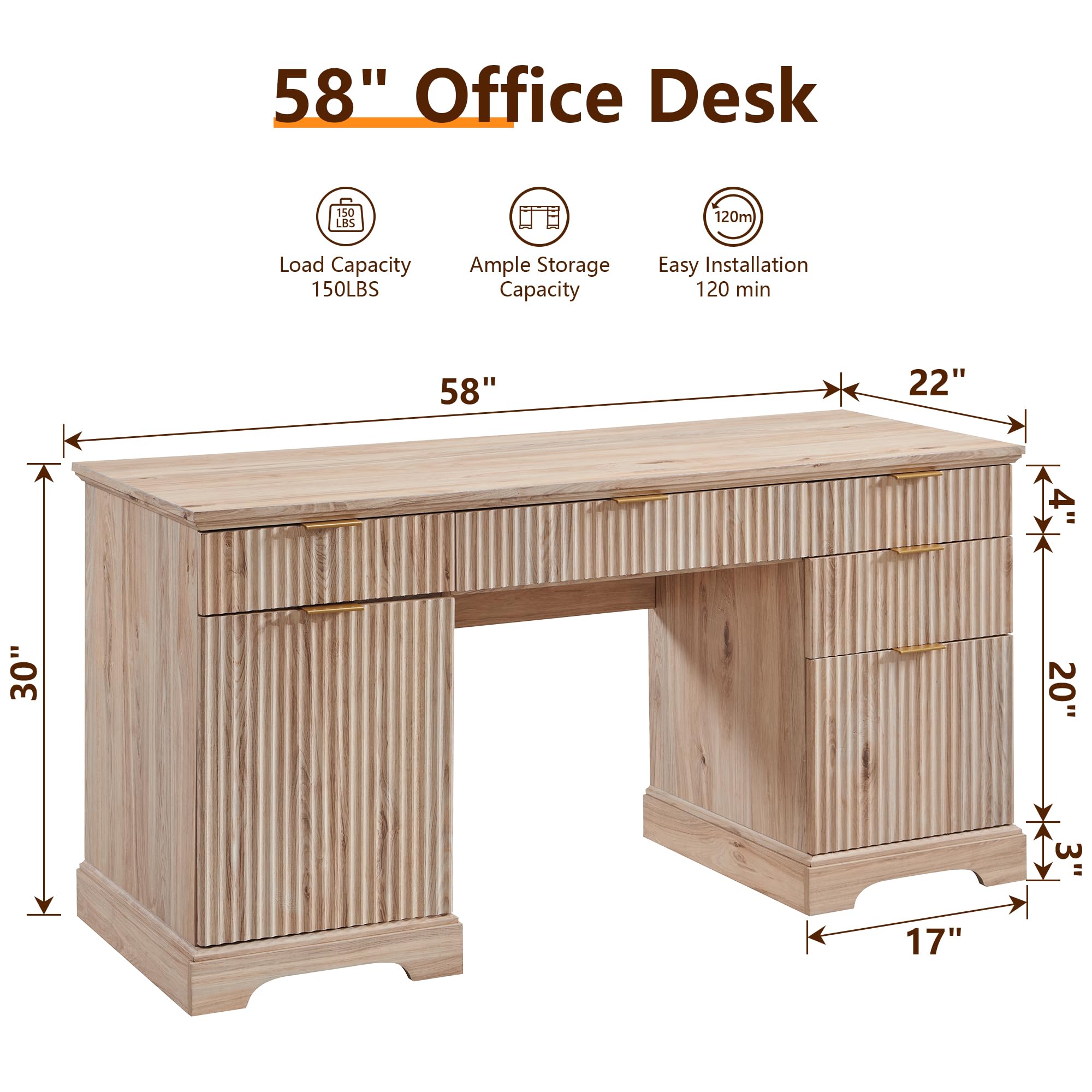 JXQTLINGMU 58" Modern Executive Desk with Storage, Wood Home Office Desk with 5 Drawers & 1 Cabinet, Fluted Computer Writing Desk for Study, Living Room, Bedroom, Natural Oak