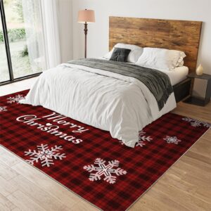 Rug 3x5, Merry Christmas Rug, White Falling Snow with Red Buffalo Check Holiday Season Classic Art Printed Washable Rugs, Soft Breathable Short Pile Comfy Non-Slip Rug for Living Room