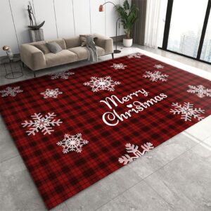 rug 3x5, merry christmas rug, white falling snow with red buffalo check holiday season classic art printed washable rugs, soft breathable short pile comfy non-slip rug for living room