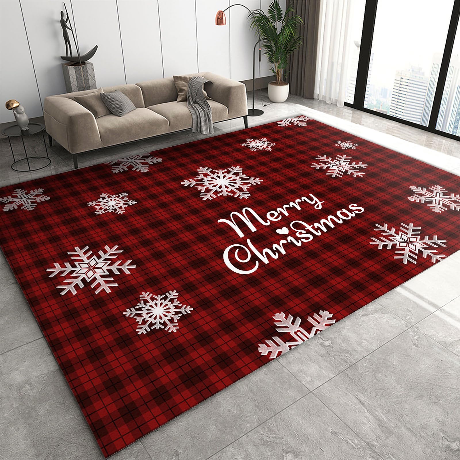 Rug 3x5, Merry Christmas Rug, White Falling Snow with Red Buffalo Check Holiday Season Classic Art Printed Washable Rugs, Soft Breathable Short Pile Comfy Non-Slip Rug for Living Room