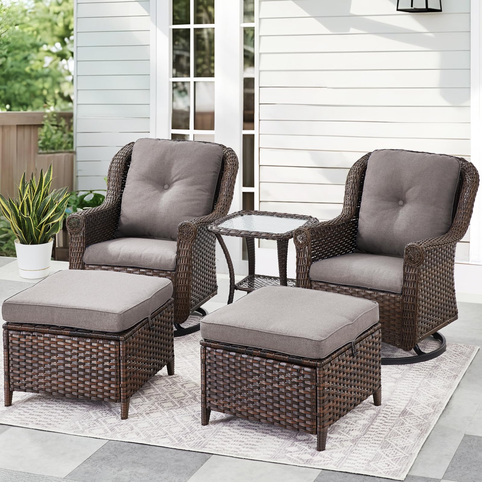 Outdoor Wicker Furniture Set for Patio - 5 Piece Outside Rattan Conversation Bistro Dining Chair Sets with Rocking Swivel Chairs, Ottomans and Side Table for Porch Yard Balcony – Brown/Grey