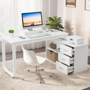 maverickfurni white desk with drawers, 55 inch white l shaped desk with 3 drawers, computer desk with monitor stand, white home office sturdy desk with storage for bedroom