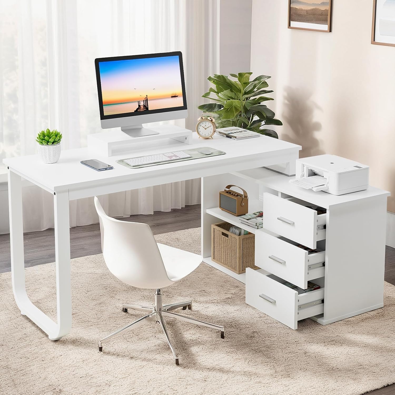 MaverickFurni White Desk with Drawers, 55 Inch White L Shaped Desk with 3 Drawers, Computer Desk with Monitor Stand, White Home Office Sturdy Desk with Storage for Bedroom