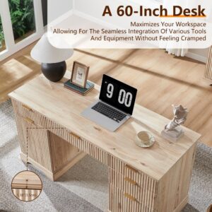 JXQTLINGMU 58" Modern Executive Desk with Storage, Wood Home Office Desk with 5 Drawers & 1 Cabinet, Fluted Computer Writing Desk for Study, Living Room, Bedroom, Natural Oak