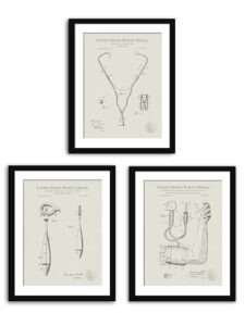 vintage medical decor | 1903 stethoscope, 1914 blood pressure device, and 1918 percussion hammer patents | available both as prints or framed | antique background | (8x10" frames with mat)