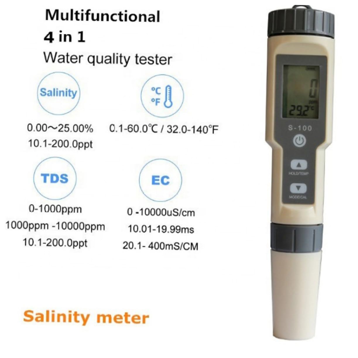 COSMEVIVI Water Salimeter Salt Water Gravimeter Automatic Hydrometer Water Quality Tester Hydrometers Tds Water Quality Testing Pen Salt Meter Temperature Tester Light Grey