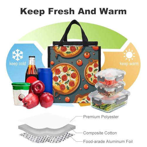 QWHJK Foldable Carry Insulated Bag,Pizza Food Print Hand-held Picnic Insulated Bag,casual Folding Insulated Bag