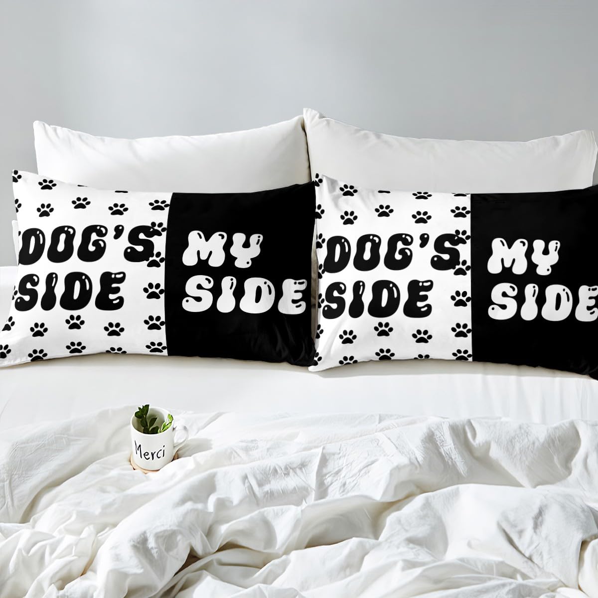 Cute Dog Paws Print Kids Sheet King Size,Dog Side My Side Bedding Set,Boys Girls Room Decor,Kawaii Puppy Animal Pet Rustic Black White Bed Sheet Set 4pcs(Fitted + Flat + 2 Pillowcases)