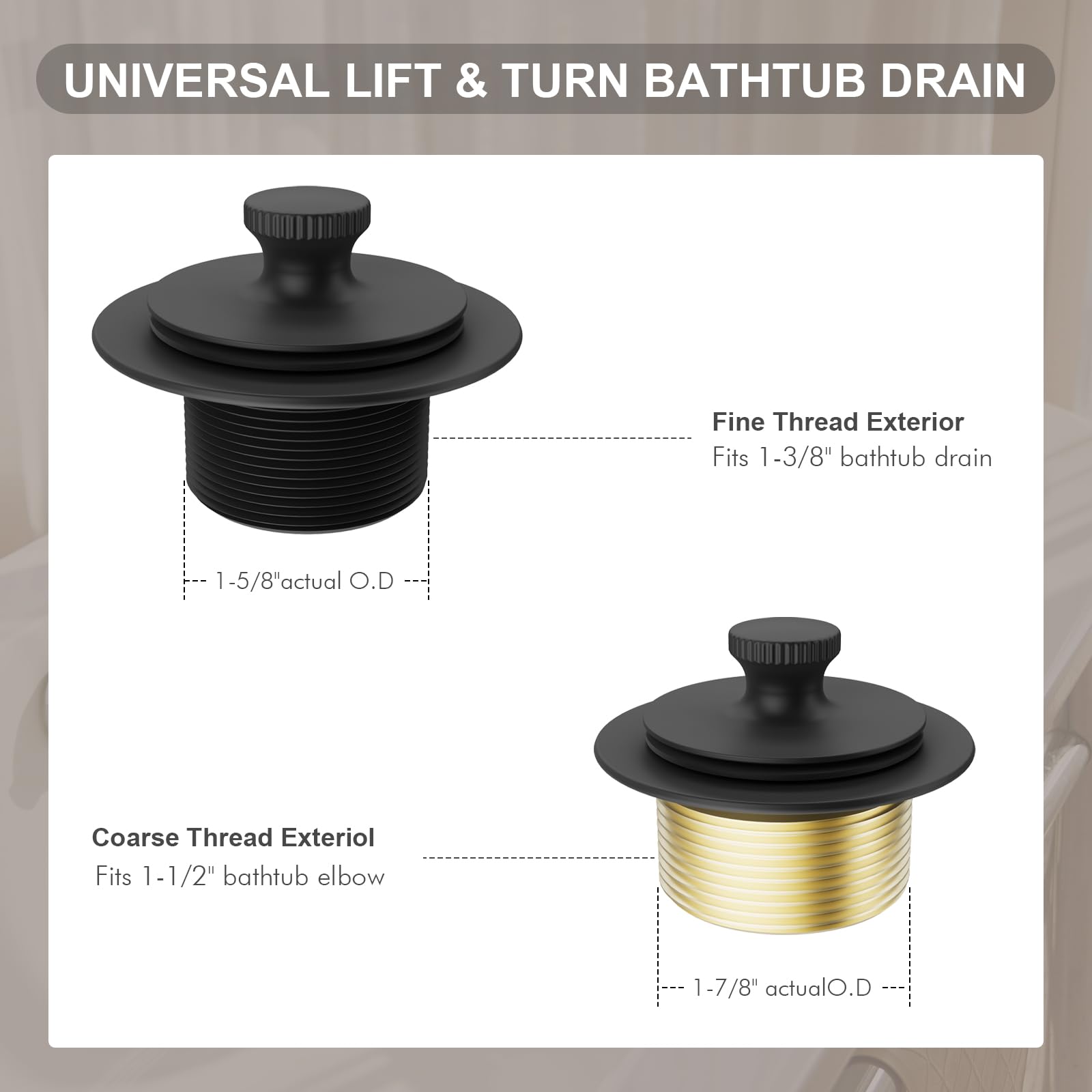 Matte Black Tub Drain Stopper Bathtub Drain, Hair Catcher and Two-Hole Overflow Faceplate,11.5/16 UNC Bathtub Drain, Premium Brass Lift and Turn Twist Tub Drains Replacement Trim Kit,Tub Stopper