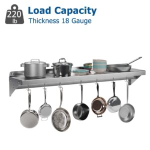 TrailBlaze 12" x 48" NSF Certified Stainless Steel Wall Mount Shelf - Multifunctional Metal Storage Rack with Backsplash and 7 Hooks for Hanging Pots, Pans,Cookware in Home and Restaurant