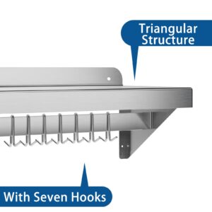 TrailBlaze 12" x 48" NSF Certified Stainless Steel Wall Mount Shelf - Multifunctional Metal Storage Rack with Backsplash and 7 Hooks for Hanging Pots, Pans,Cookware in Home and Restaurant