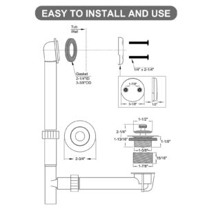 Matte Black Tub Drain Stopper Bathtub Drain, Hair Catcher and Two-Hole Overflow Faceplate,11.5/16 UNC Bathtub Drain, Premium Brass Lift and Turn Twist Tub Drains Replacement Trim Kit,Tub Stopper