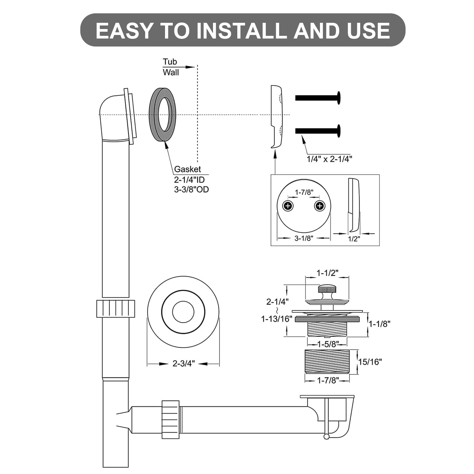 Matte Black Tub Drain Stopper Bathtub Drain, Hair Catcher and Two-Hole Overflow Faceplate,11.5/16 UNC Bathtub Drain, Premium Brass Lift and Turn Twist Tub Drains Replacement Trim Kit,Tub Stopper