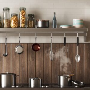 TrailBlaze 12" x 48" NSF Certified Stainless Steel Wall Mount Shelf - Multifunctional Metal Storage Rack with Backsplash and 7 Hooks for Hanging Pots, Pans,Cookware in Home and Restaurant