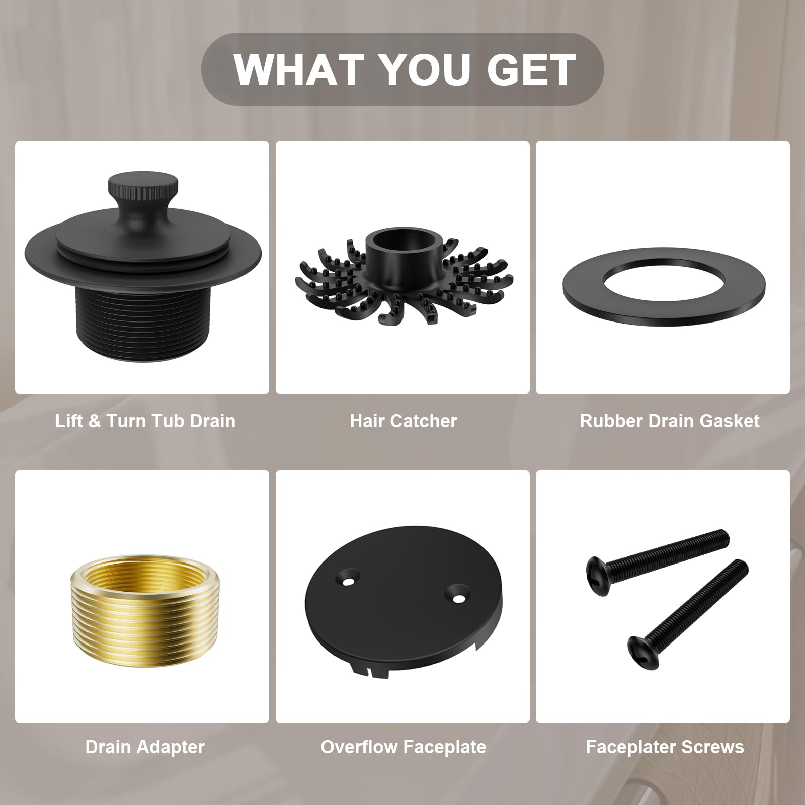 Matte Black Tub Drain Stopper Bathtub Drain, Hair Catcher and Two-Hole Overflow Faceplate,11.5/16 UNC Bathtub Drain, Premium Brass Lift and Turn Twist Tub Drains Replacement Trim Kit,Tub Stopper