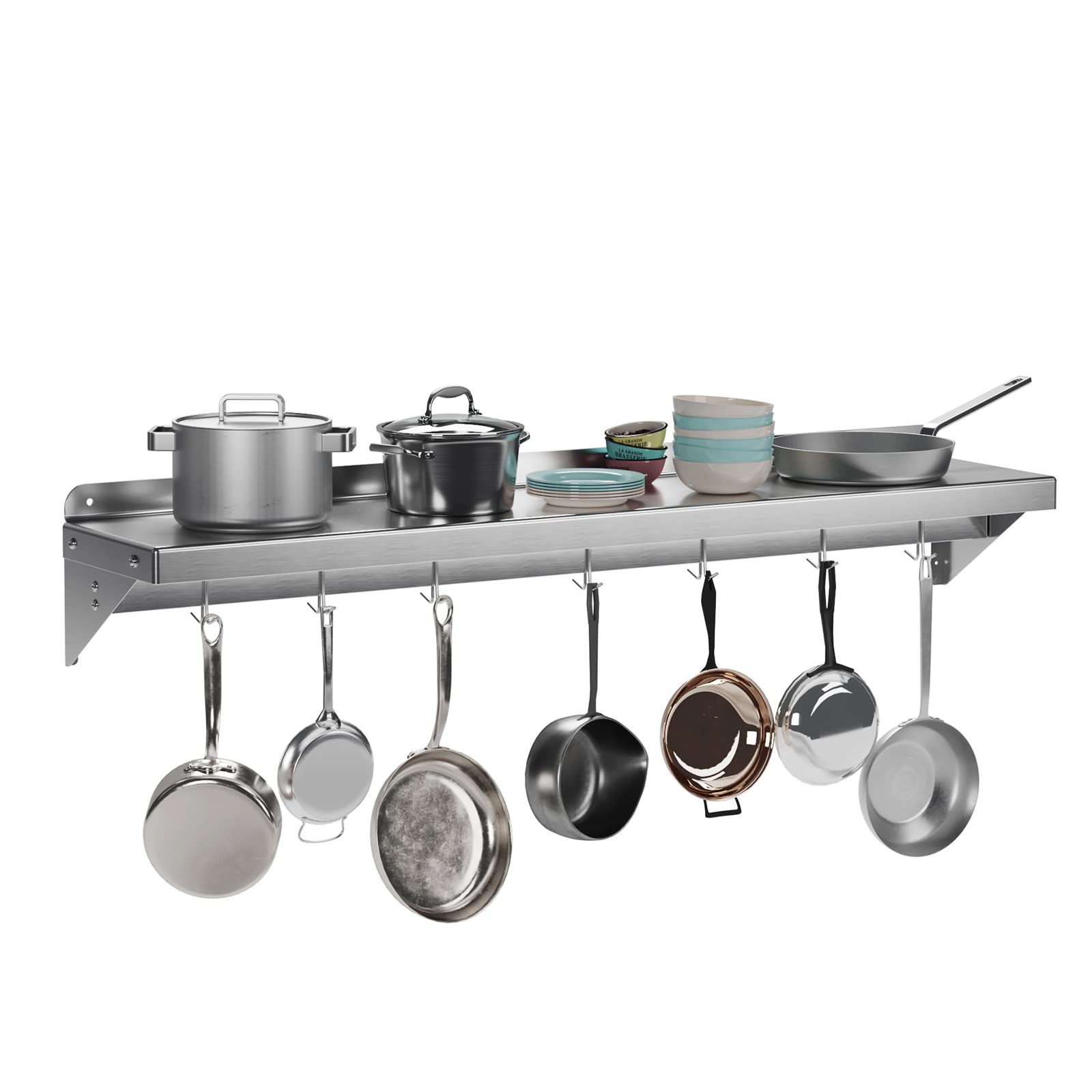 TrailBlaze 12" x 48" NSF Certified Stainless Steel Wall Mount Shelf - Multifunctional Metal Storage Rack with Backsplash and 7 Hooks for Hanging Pots, Pans,Cookware in Home and Restaurant