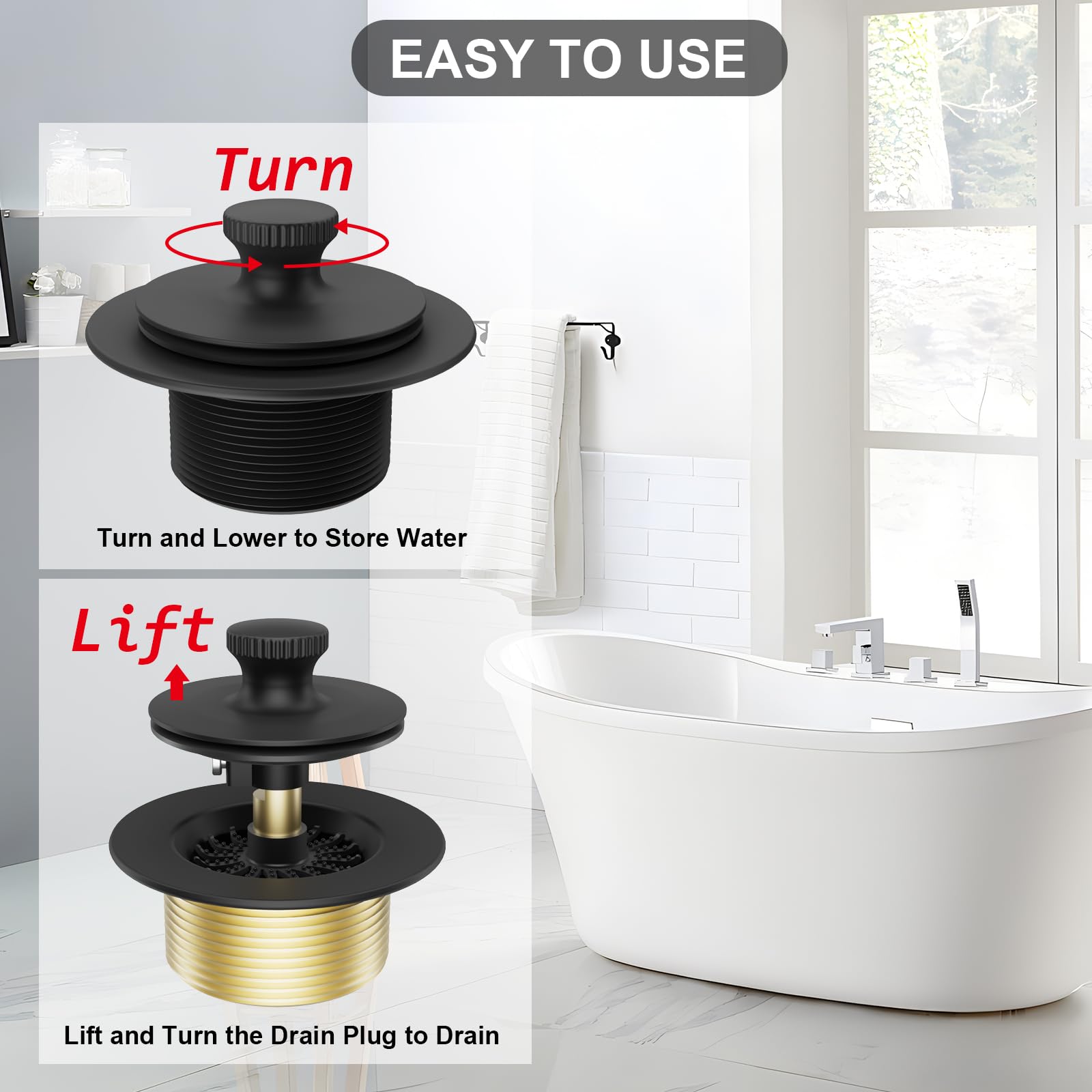 Matte Black Tub Drain Stopper Bathtub Drain, Hair Catcher and Two-Hole Overflow Faceplate,11.5/16 UNC Bathtub Drain, Premium Brass Lift and Turn Twist Tub Drains Replacement Trim Kit,Tub Stopper