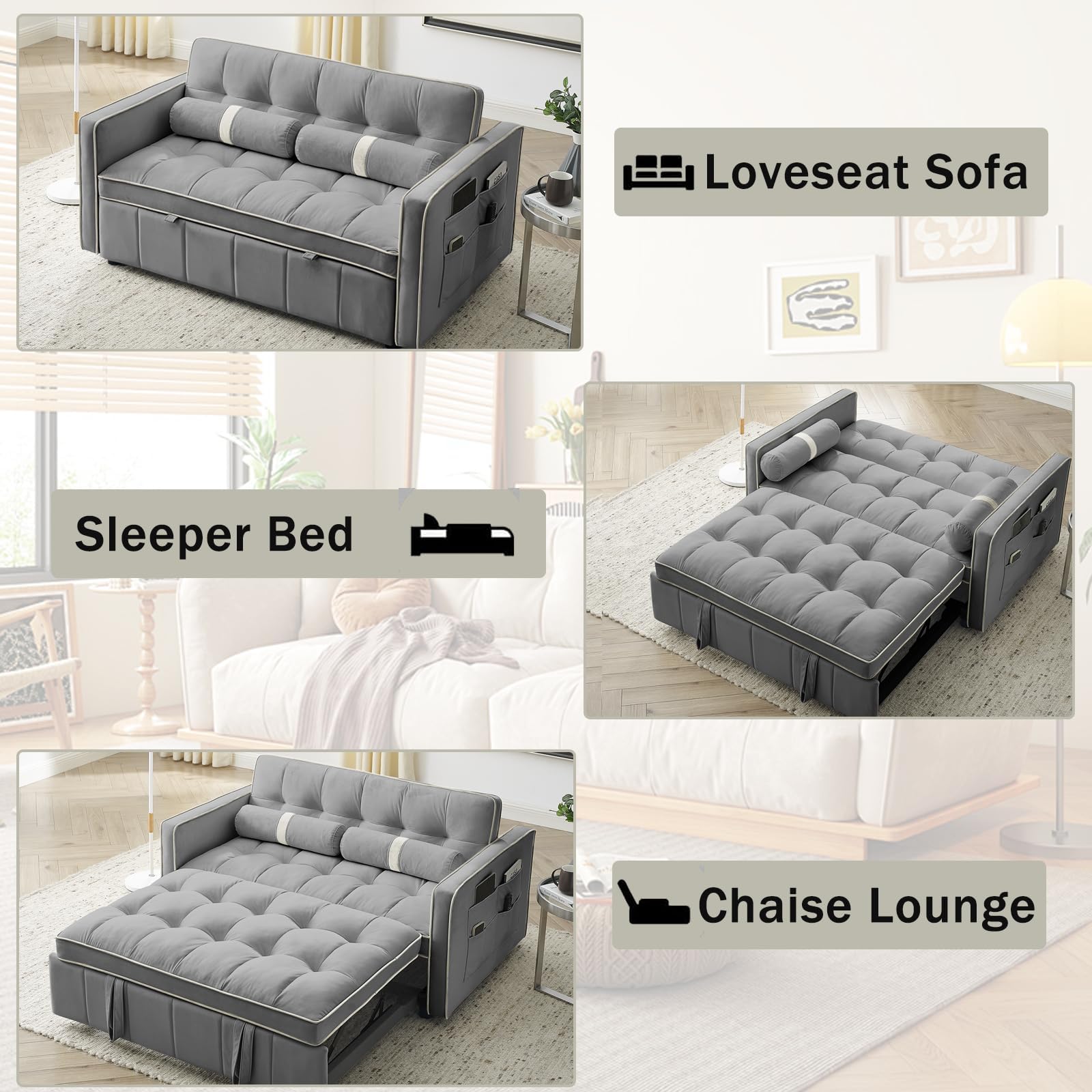 SPOWAY 3 in 1 Sleeper Sofa Couch Bed, 55'' Velvet Pull Out Bed Couch, Loveseats Sleeper with Storage Side Pocket, Adjustable Backrest and Lumbar Pillows for Living Room, Grey