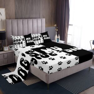 cute dog paws print kids sheet king size,dog side my side bedding set,boys girls room decor,kawaii puppy animal pet rustic black white bed sheet set 4pcs(fitted + flat + 2 pillowcases)