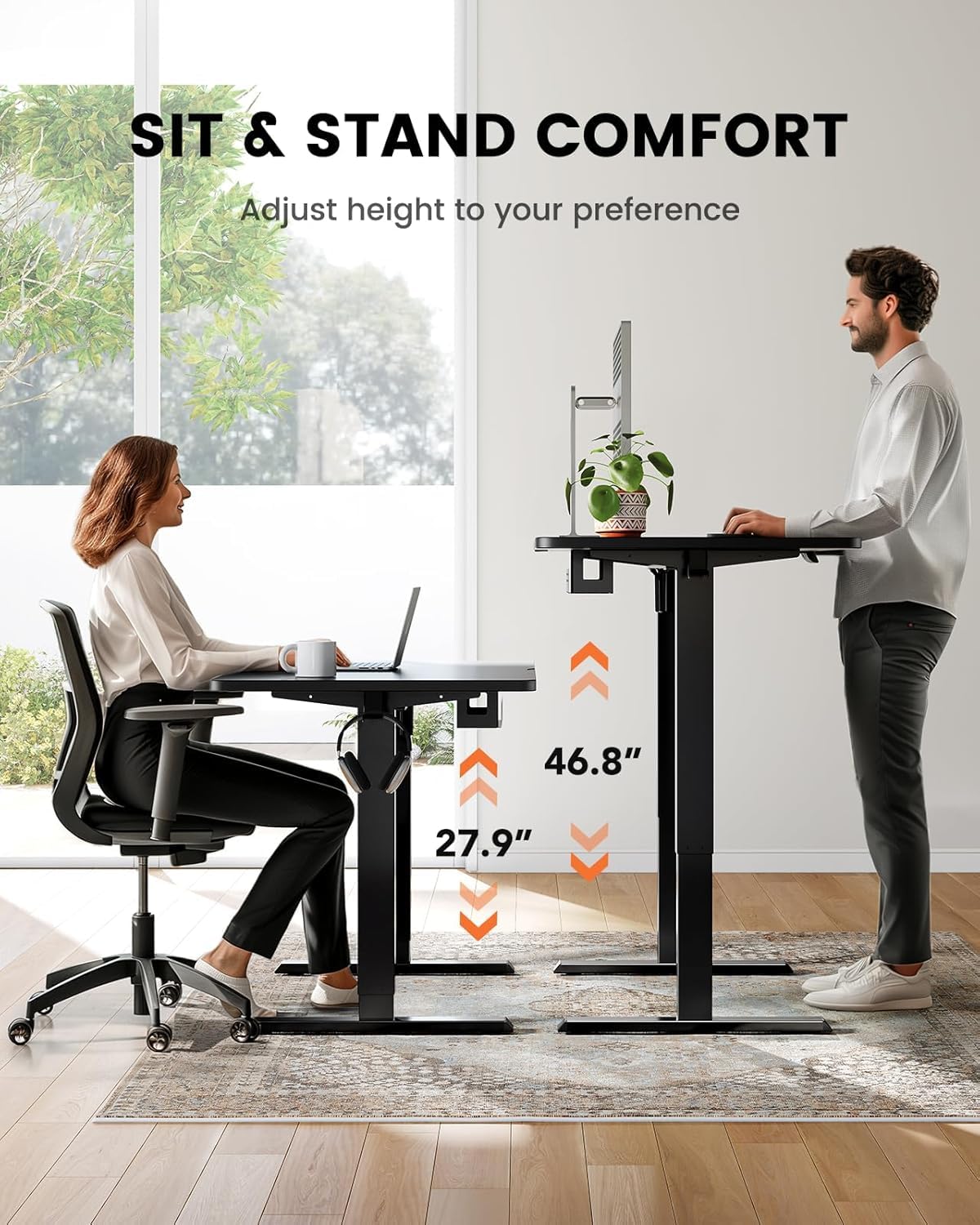 ErGear Whole Piece Standing Desk with 48x30 inch Desktop, Adjustable Stand Up Desk for Home Office, Electric Computer Desk Workstation with Cable Management Tray, Black, EGESD65B