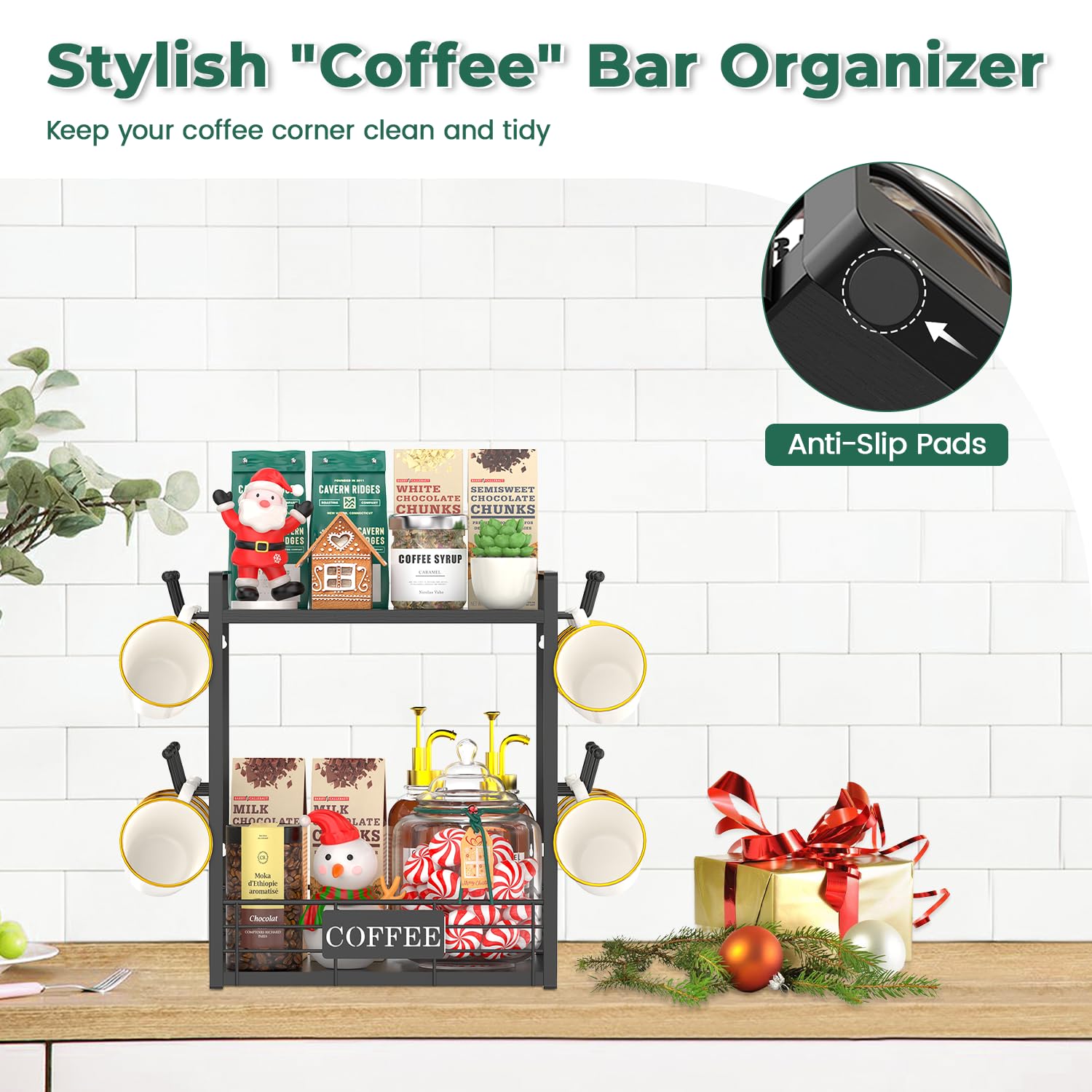 EsLuker.ly 2 Tier Coffee Bar Organizer Countertop Station Shelf for Home Office, Multi-functional Coffee Mug Cup Holder Stand, Accessory Storage Rack with 12 Hooks, Space-Saving Coffee Nook Enhancer