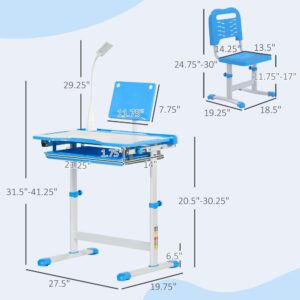 Qaba Kids Desk and Chair Set, Height Adjustable School Desk Chair Set with Tilt Desktop, USB Light, Storage Drawer for Study, Activities, Arts, or Crafts, Blue and White