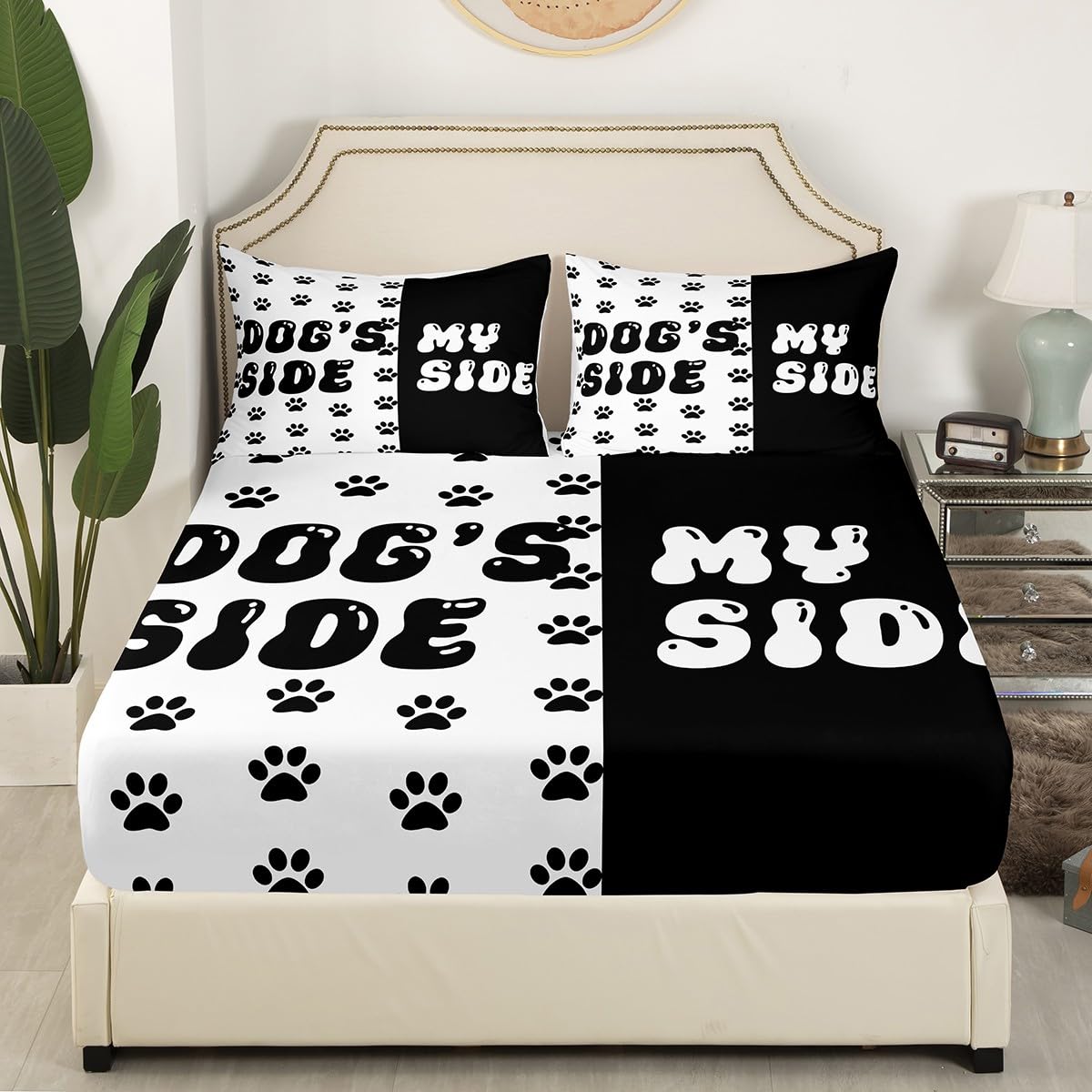 Cute Dog Paws Print Kids Sheet King Size,Dog Side My Side Bedding Set,Boys Girls Room Decor,Kawaii Puppy Animal Pet Rustic Black White Bed Sheet Set 4pcs(Fitted + Flat + 2 Pillowcases)