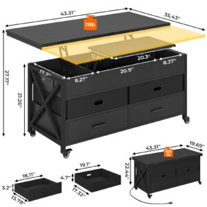 UPOSOJA Lift Top Coffee Table with Storage, 4 in 1 Square Center Table with 4 Casters, Lift Tabletop Dining Table for Living Room with Built-in Power Outlet 4 Drawers Hidden Compartment (Black)