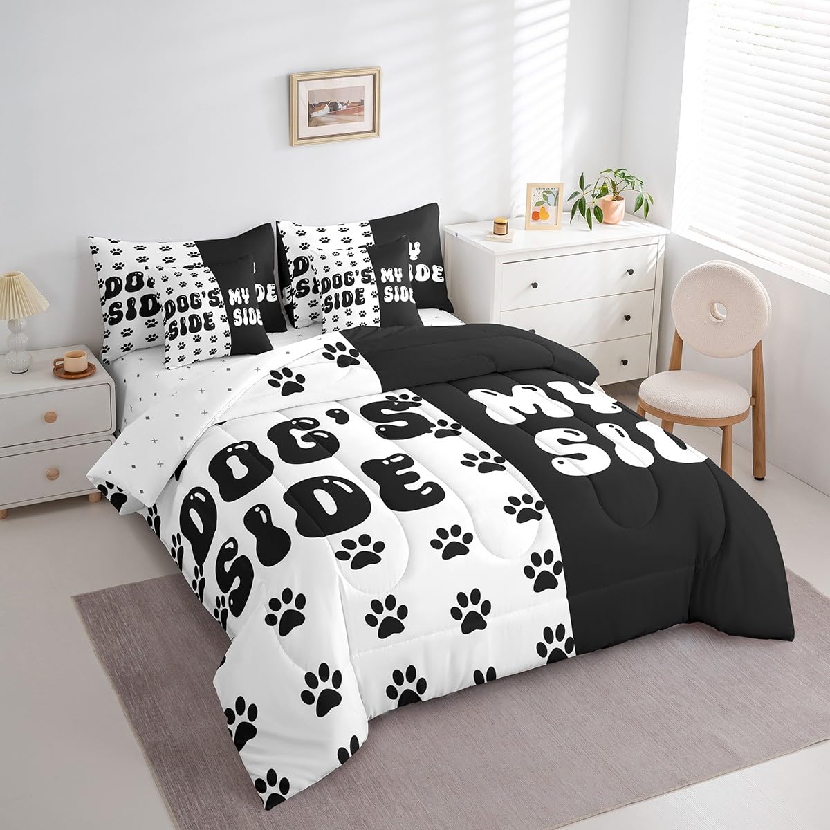 7 Pieces King Size Cute Dog Paws Print Comforter Set,Dog Side My Side Bedding Set for Boys Girls,Kawaii Puppy Animal Pet Rustic (Comforter+Fitted+Flat Sheet+2 Pillowcases+2 Throw Pillow Covers)