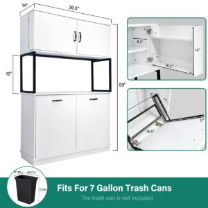 TC-HOMENY Double Trash Can Cabinet, Tilt Out Trash Cabinet with Storage Adjustable Shelf, Pet Proof Recycle Trash Cabinet Kitchen, 14 Gallon Tilt Out Trash Cabinet White