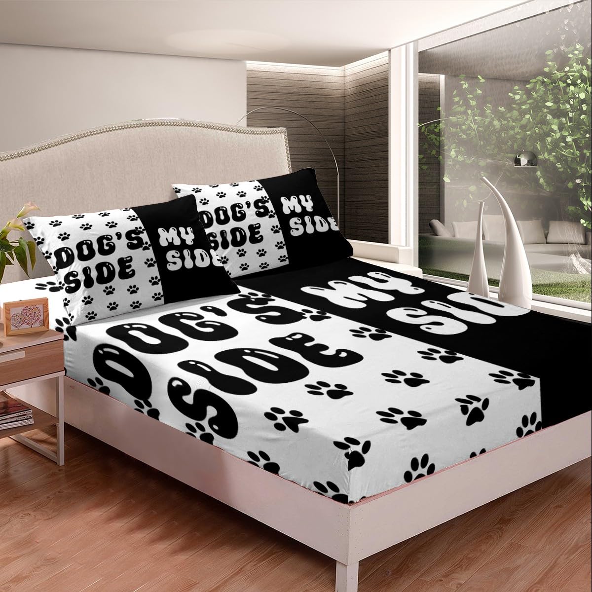 Cute Dog Paws Print Kids Sheet King Size,Dog Side My Side Bedding Set,Boys Girls Room Decor,Kawaii Puppy Animal Pet Rustic Black White Bed Sheet Set 4pcs(Fitted + Flat + 2 Pillowcases)