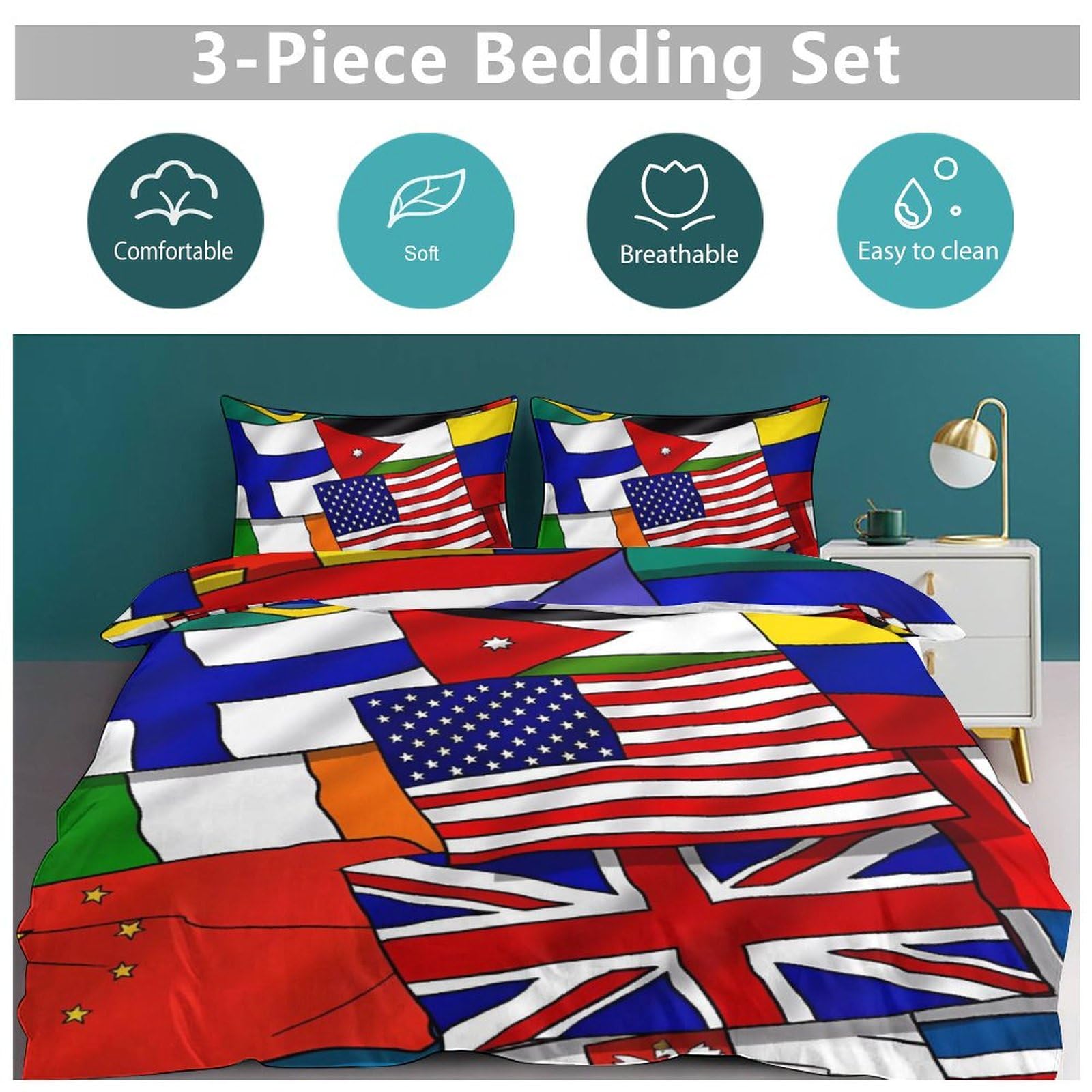 World Flag Comforter Set Duvet Cover Set Full/Queen Size,3-Piece Bedding Set 86"x70" for Boys and Girls Ultra Soft Bed Cover (1 Comforter+2 Pillowcases)