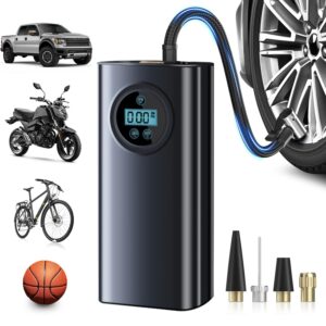 portable compressor tire inflator with lcd display, with 3 nozzle adapters,inflator for car tires, motorcycle, bike, basketball, other types of inflatables a931