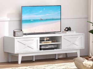 tv stand for 55/60/65 inch tv, farmhouse entertainment center with shelves, cabinets and sliding doors, rustic tv media console table with solid wood feet & cord holes for living room, bedroom, white