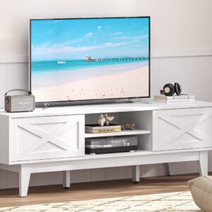 TV Stand for 55/60/65 Inch TV, Farmhouse Entertainment Center with Shelves, Cabinets and Sliding Doors, Rustic TV Media Console Table with Solid Wood Feet & Cord Holes for Living Room, Bedroom, White